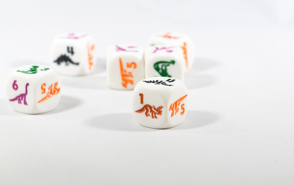 White Dice with Dinosaurs 6 Sided Bunco RPG D6 16mm Roll Kids School