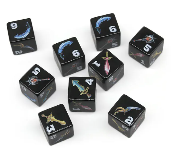 (Black) Sword Dice | Printed d6 Dice Featuring Fantasy Weapons Numbere