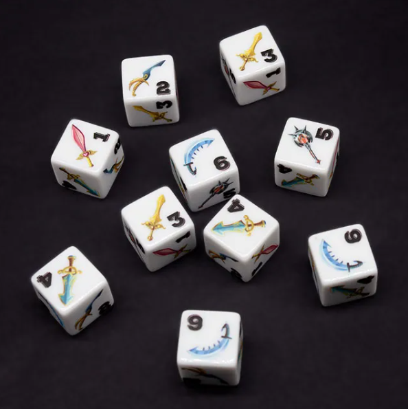 (White) Sword Dice | Printed d6 Dice Featuring Fantasy Weapons Numbere