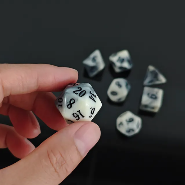 Marbled Elegance 7-Dice RPG Set - White with Grey Veins and Black Numb