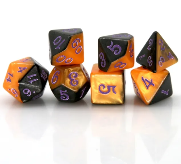 Half-Half Dice Orange & Black 7-Dice Set DND RPG Dice Purple Ink Hallo