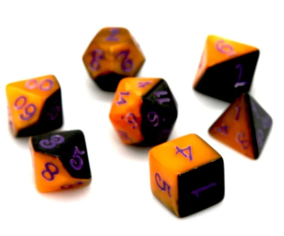 Half-Half Dice Orange & Black 7-Dice Set DND RPG Dice Purple Ink Hallo