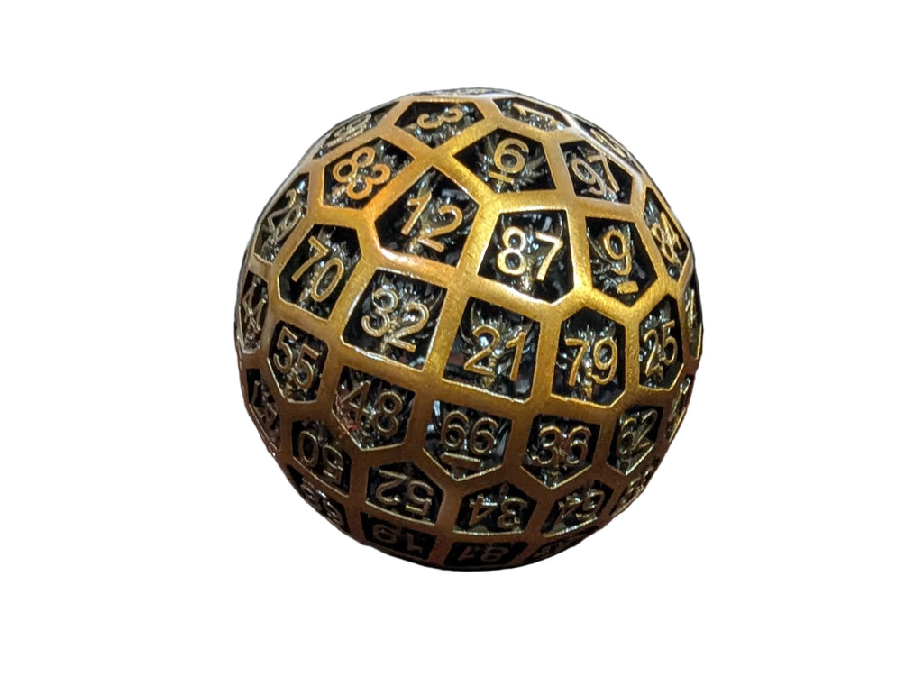 Hollow Metal d100 Die – Gold Tone Cage – Round RPG Dice