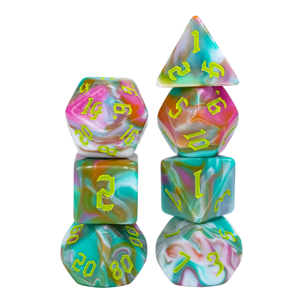 Multi-Colored Green and Gold DnD Dice | Marbled Dice