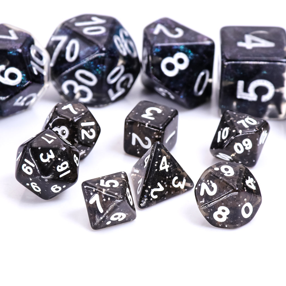 Black Glitter 7-Dice Mini-Dice RPG Set w/White Numbers Miniature Dice
