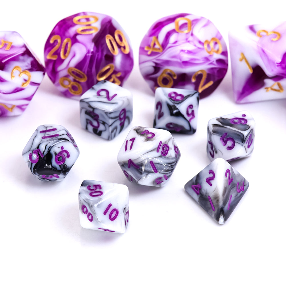 Black White Blend 7-Dice Mini-Dice RPG Set w/Purple Numbers Miniature