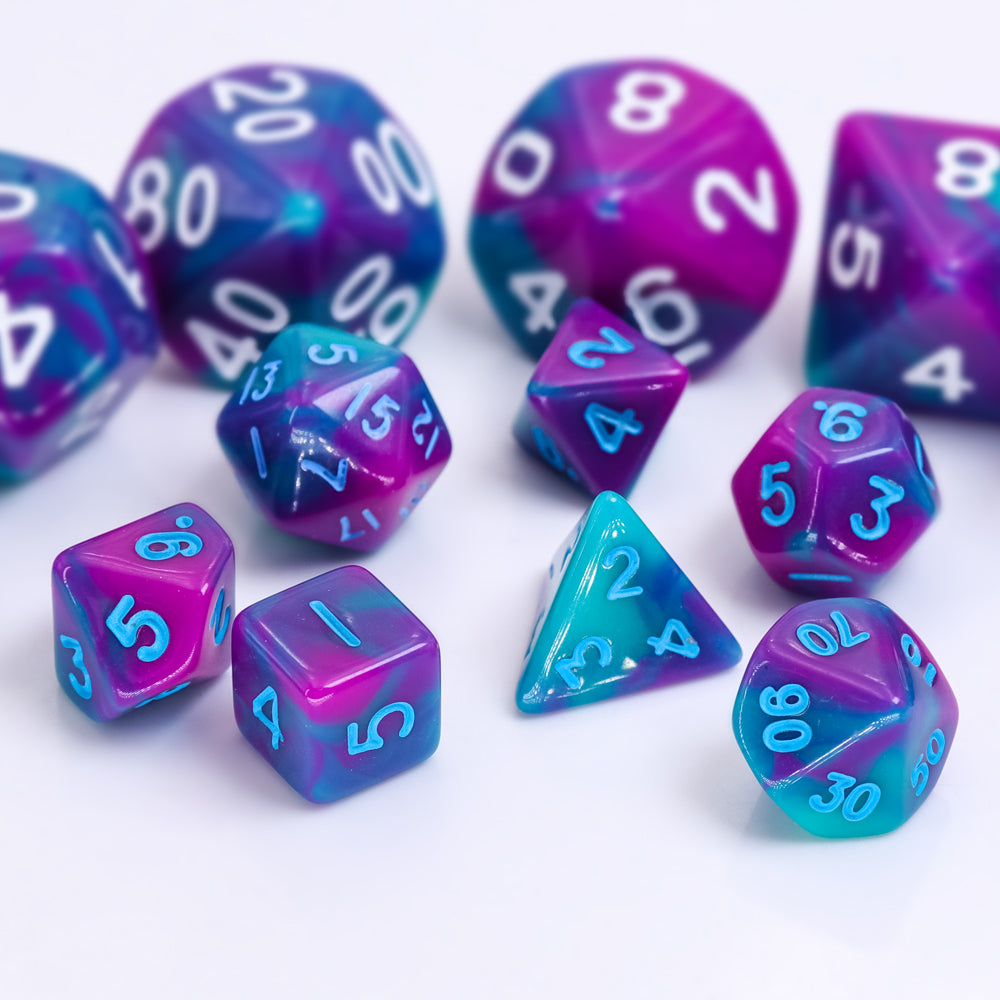 Teal Purple Blend 7-Dice Mini-Dice RPG Set w/Blue Numbers Miniature Di