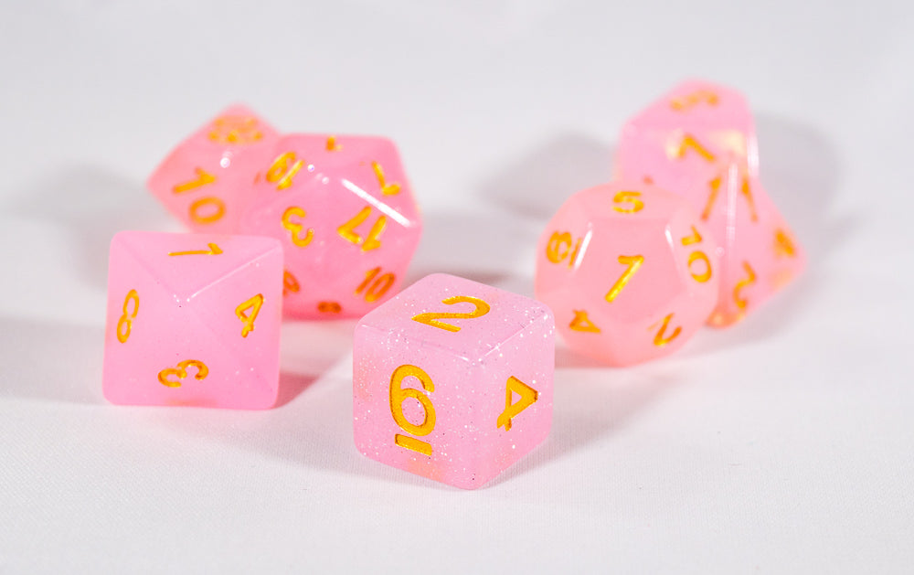 Sparkling Glitter Pink with Gold Numbers Poly Dice Set (7) RPG DnD HDd