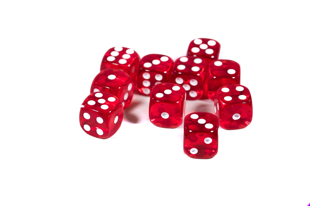 Translucent 16mm Pipped d6 Dice Red/Orange/Yellow/Green/Blue/Purple/Cl