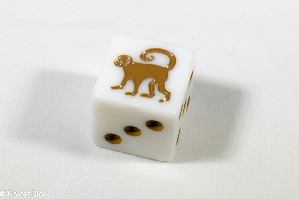 White Dice with Monkey; 6 Sided Bunco RPG Game D6 16mm Roll Square Cor